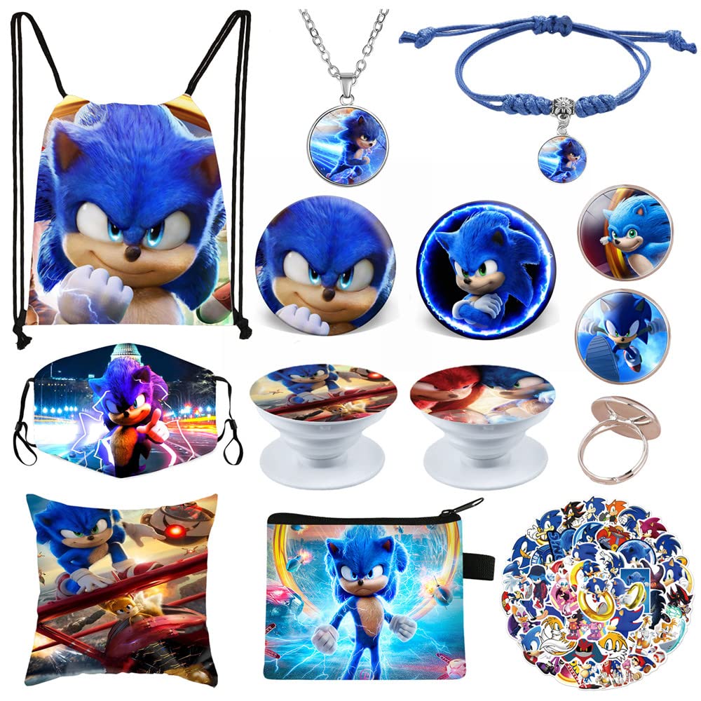 Sonic The Hedgehog Gift Set, Including Sonic 1 Drawstring Bag 1 Pillowcase 1 Face Shield 1 Coin Purse 1 Bracelets 1 Necklace 50 Stickers 2 Brackets 2 Button Pins 2 Rings