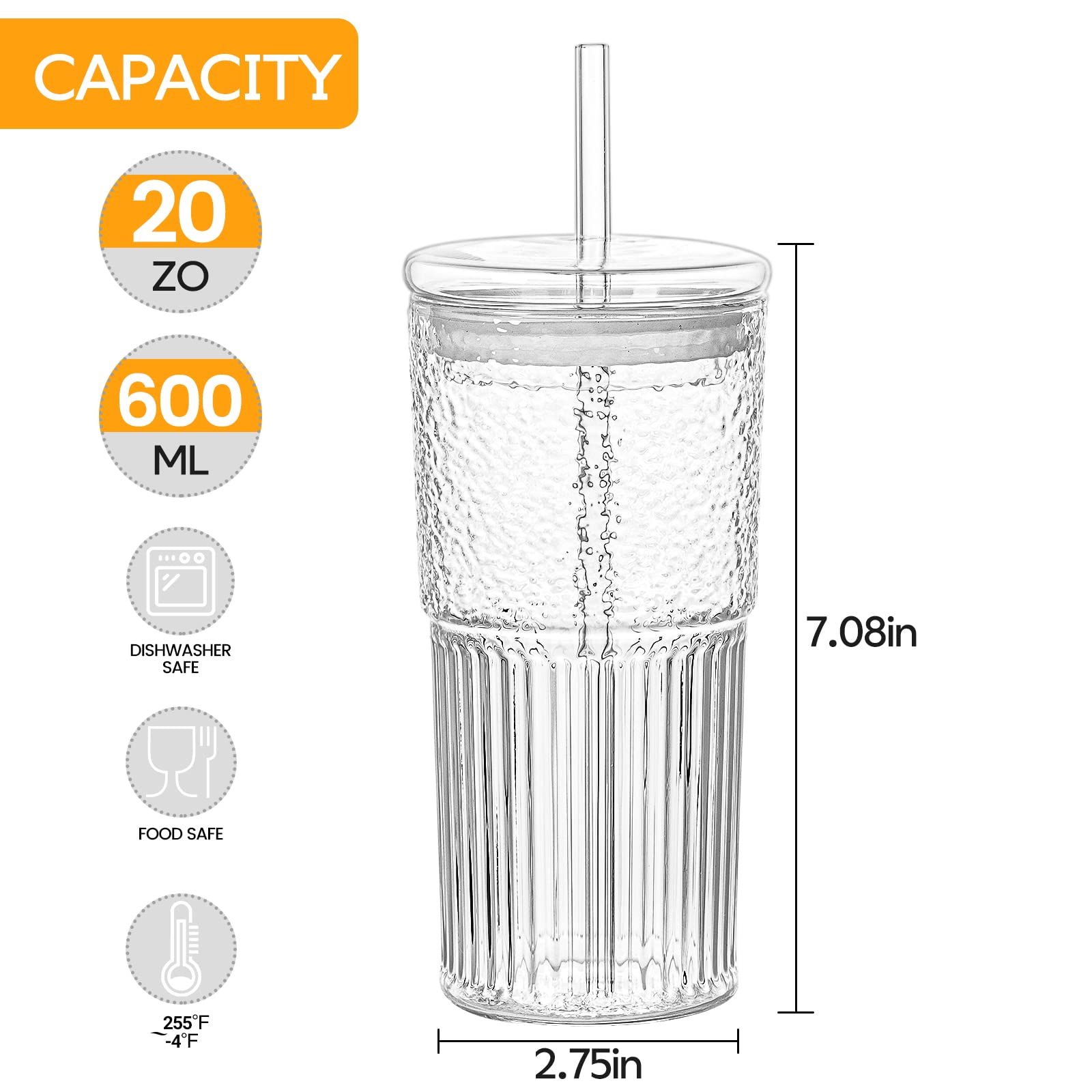 QWEZXO Glass Cups With Lids and Glass Straws,20 OZ High Borosilicate Glass Tumbler Iced Coffee Water Smoothie…