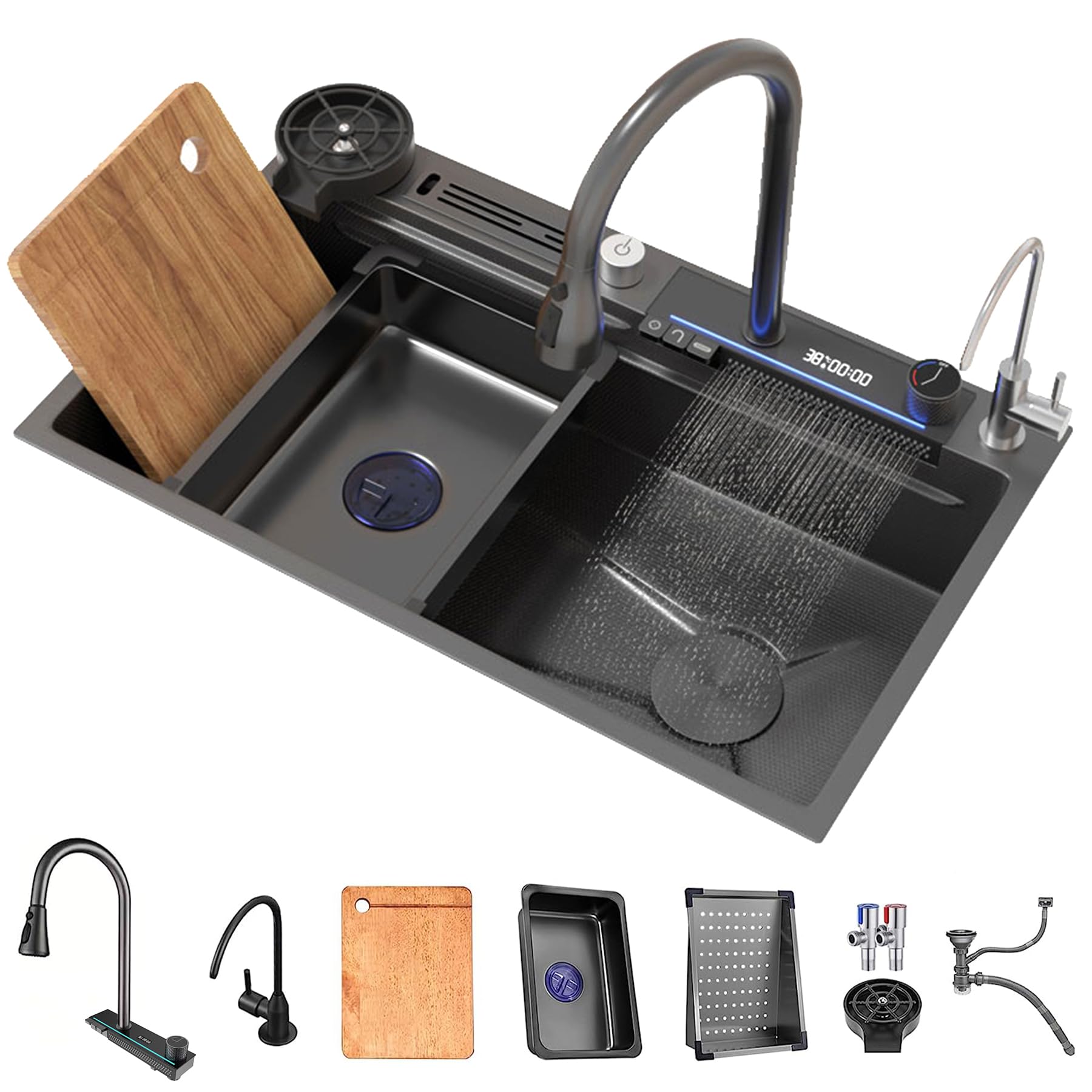 Kitchen Sink Black Stainless Steel Workstation Sink Upgraded Honeycomb Nano Waterfall Sink Drop-In with Patented Pull-out Faucet & LED TEMP Display Undermount Sink with Cup Washer, Water Fil1 (29.5in)