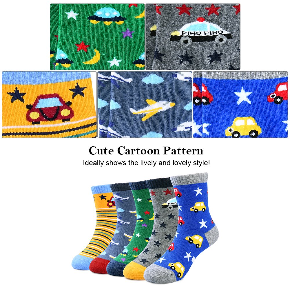 OOPOR Kids Cotton Crew Socks with Grip - 5 Pack Boys Girl Winter Athletic Sport Ankle Sock Set 8-12 Year