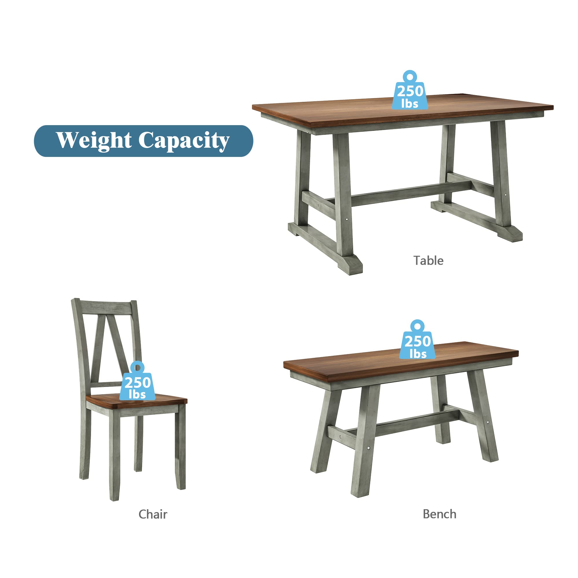 LIADTOP Wood Dining Table Farmhouse Style, 6-Piece Kitchen Set with Long Bench and 4 Chairs,Designed for A Large Family,Walnut+Gray