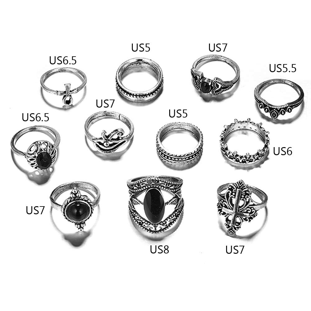 Missgrace Bohemian Retro Vintage Crystal Knuckle Ring Sets Simple Finger Black Stone Rings Midi Ring Set for Women 11Pcs (Style 5)