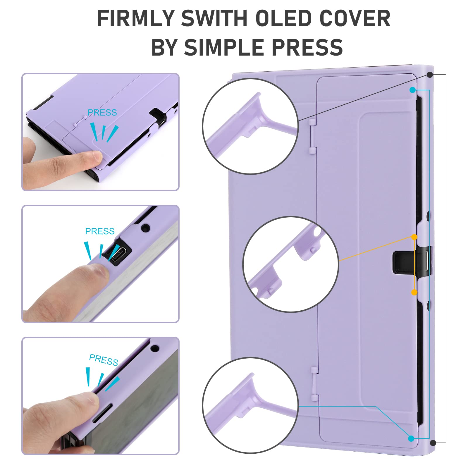 Switch OLED Case Dockable Protective Case for Nintendo Switch OLED Model 2021 Console and Joy-Con Controller Grip Case with 2 Thumb Grip Caps, Purple