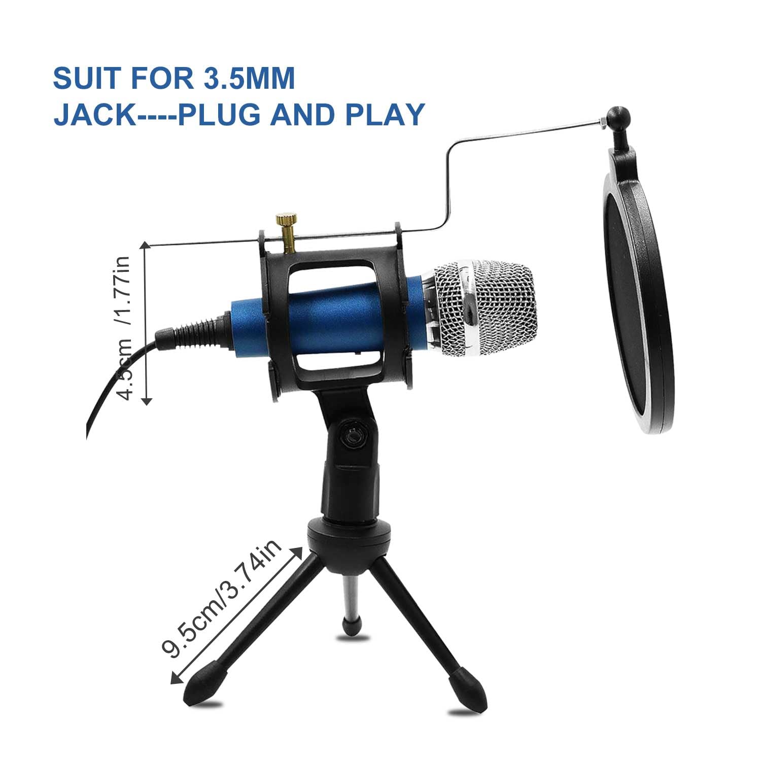 LOOYUAN Blue Condenser Recording Microphone 3.5mm Plug and Play PC Microphone, Broadcast Microphone for Computer Desktop Laptop MAC Windows Online Chatting Podcast Skype YouTube Game(Blue