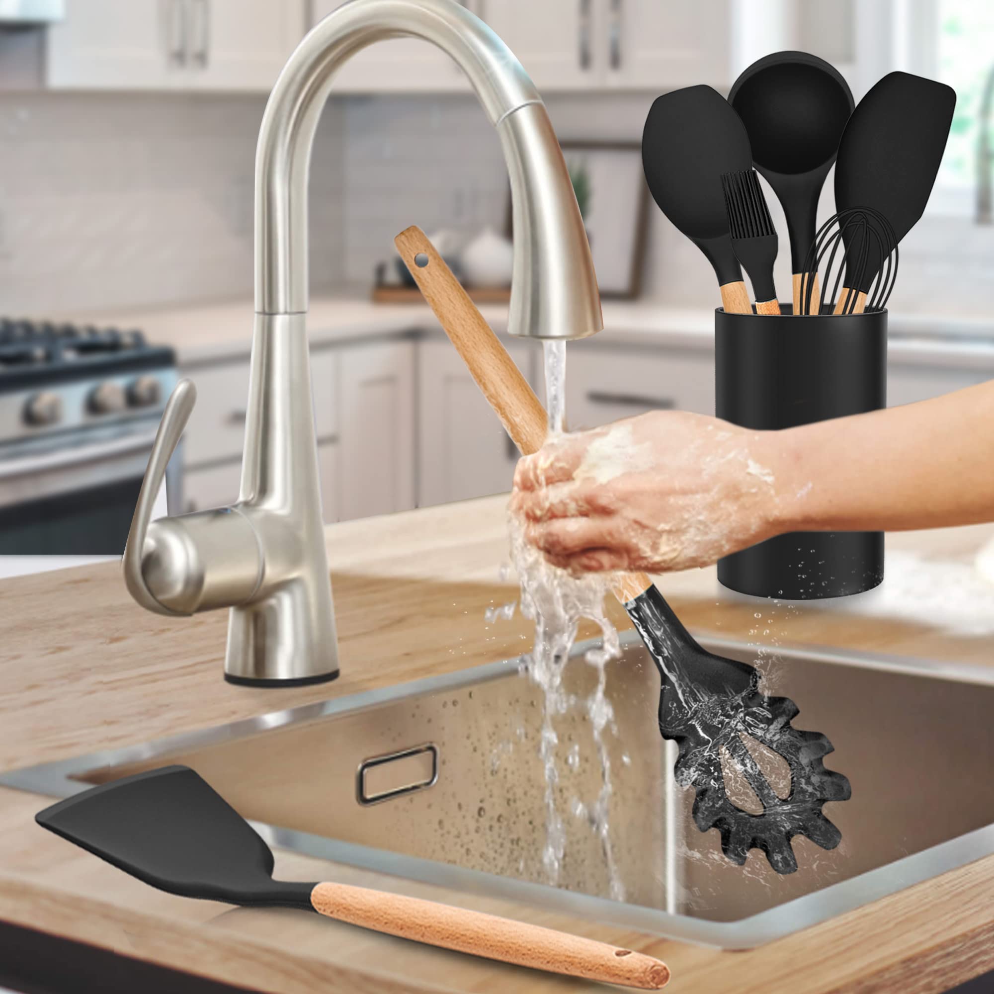 LIANYU 30-Piece Silicone Cooking Utensils Set with Holder, Heat Resistant Kitchen Cooking Utensils Set, Kitchen Cookware Tools Including Tuner Spatula Spoon Ladle, Colorful