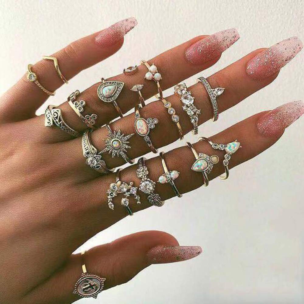 Missgrace Vintage Boho Rings Crystal Rhinestones Joint Knuckle Stackable Ring Set with Cresent Punk Snake Stacking Midi Finger Rings for Women and Girls (Style 6)