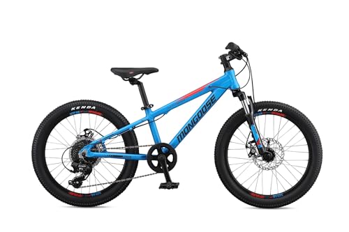 Mongoose Switchback Kids Mountain Bike with 20-Inch Wheels in Blue, Aluminum Hardtail Frame, 8-Speed Drivetrain, and Mechanical Disc Brakes