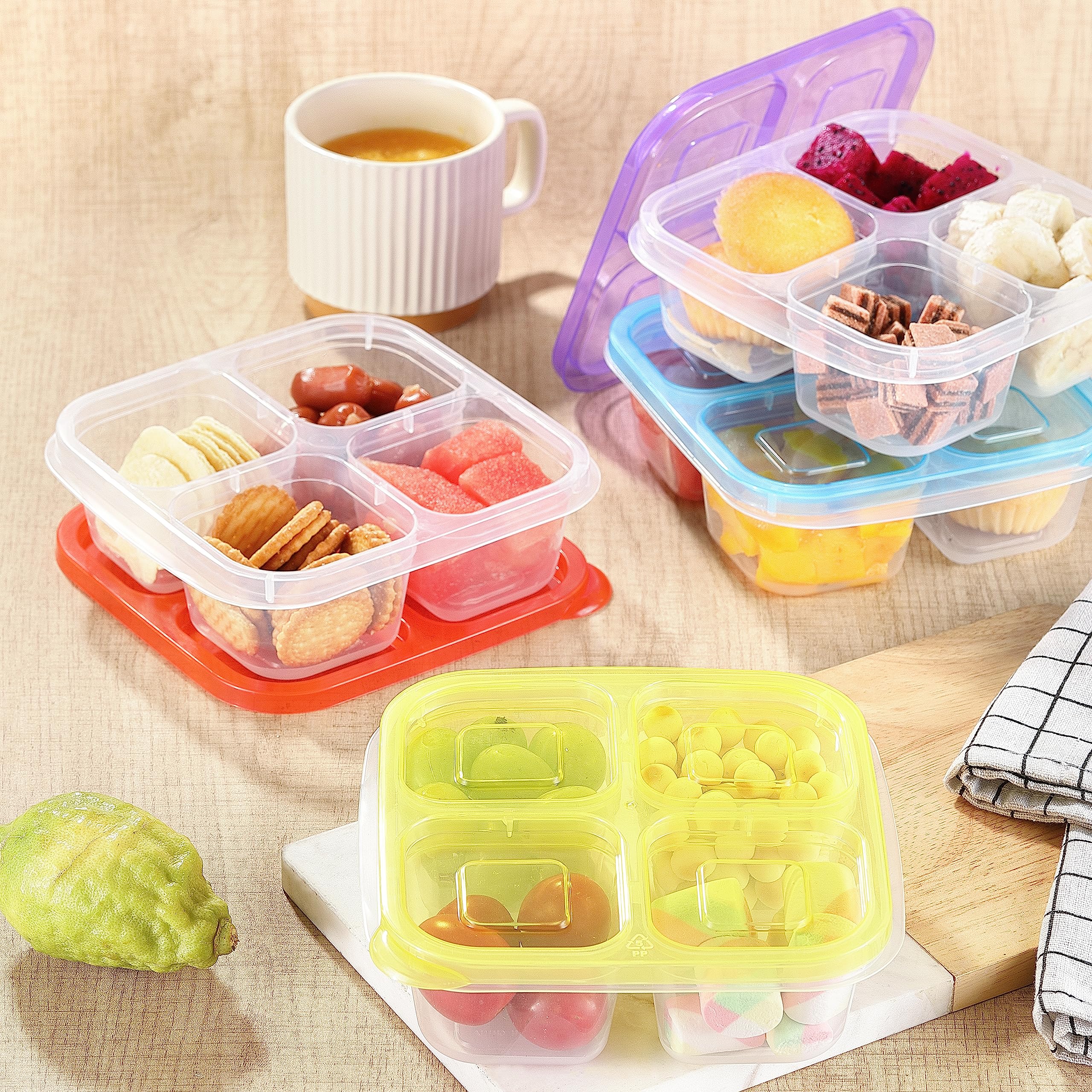 MONGSEW 4PCS Bento Snack Boxes, Snack Containers for Toddlers & Adults, Reusable 4 Compartment food Snack Containers for Work, School, Travel, Picnics, Microwave and Dishwasher Safe, (4 Colors)
