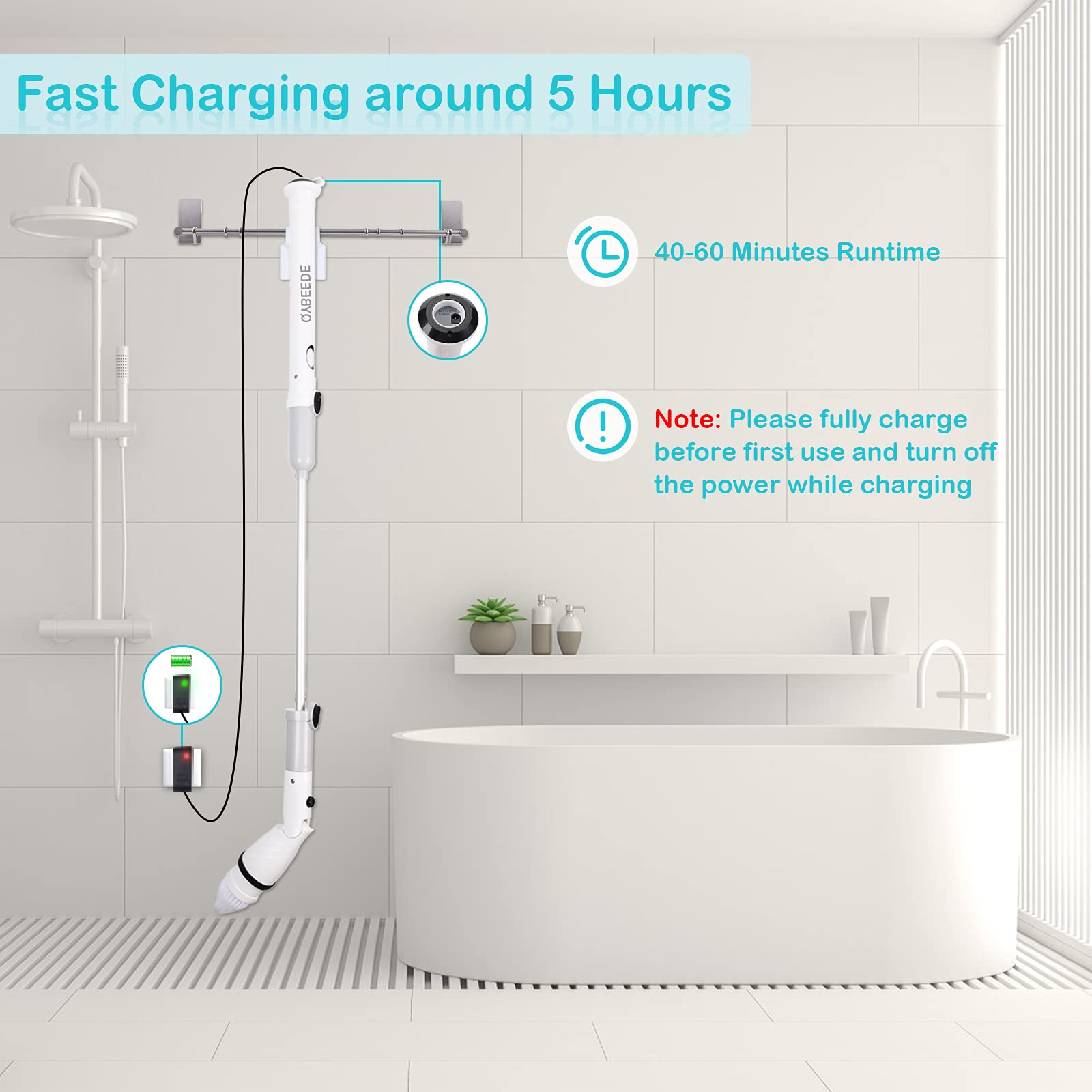QYBEEDE Electric Cleaning Brush with Long Handle Rechargeable, Efficient Electric Spin Scrubber Cordless Tub and Tile Scrubber, Electric Scrubber Brush for Cleaning Bathroom Cleaning Tool Waterproof
