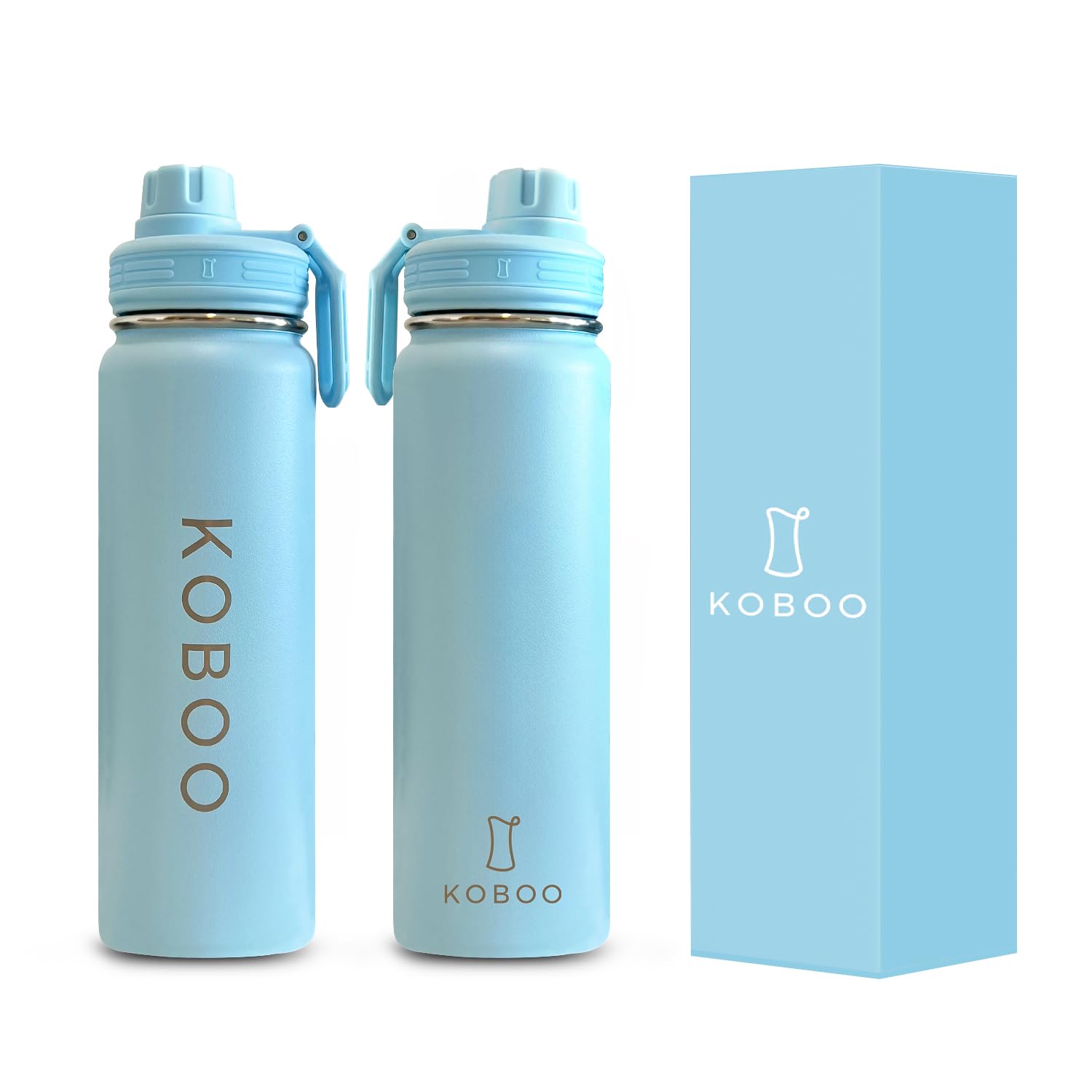 KOBOO Flask Blue 24 OZ / 720 ML Water Bottle. Food Grade 24/8 (304) Stainless Steel, and BPA Free, Vacuum Sealed Design. Comes with 2 lids with handle, straw, and cleaning kit. https://koboo.org/
