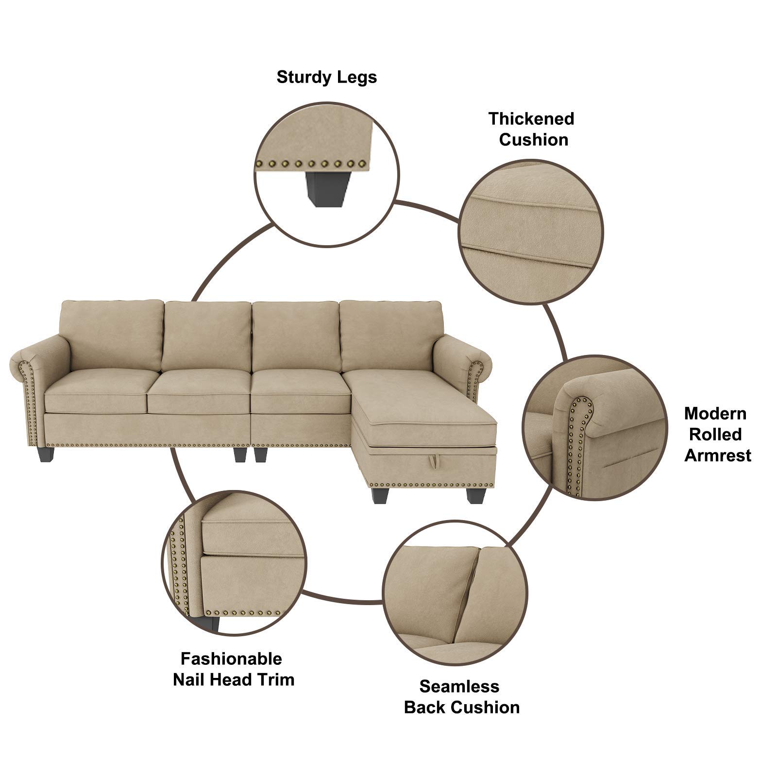 Nolany Convertible Sectional Sofa Couch, L Shaped Sectional Sofa, Reversible Sectional Couch for Small Apartment, Dark Khaki