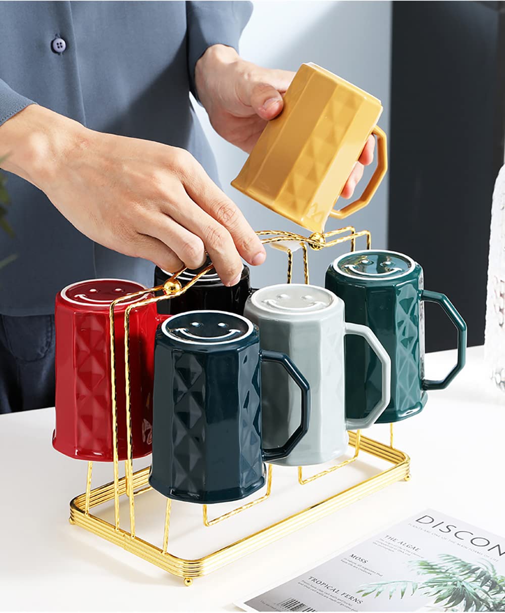 QZ.HAYC Porcelain Tea Set Tea Cup Tea Cup Set Coffee Cup Tea Cup 6-Piece Set (Including Storage Rack) Afternoon Tea Set, Ceramic Coffee Cup, Latte Cup (Six Color Cups)