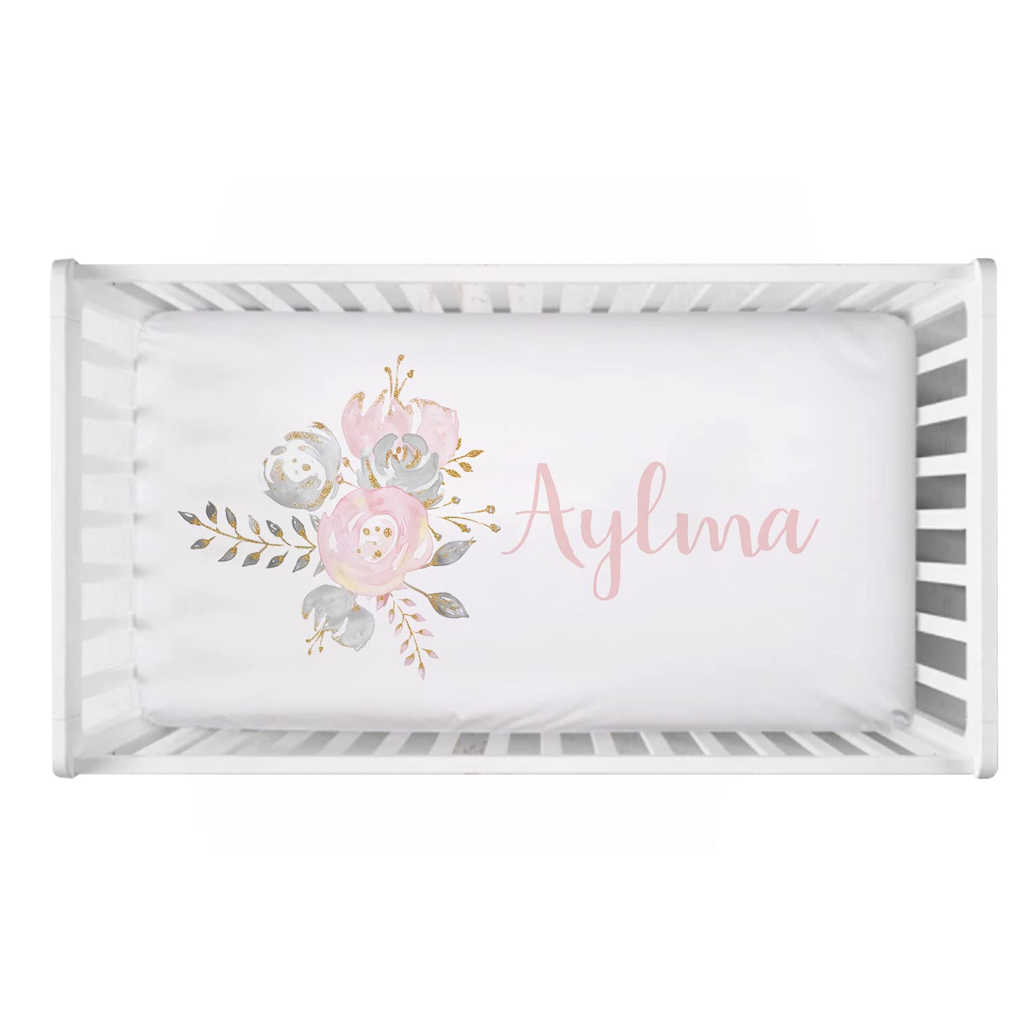 UOOPOO-US Personalized Baby Fitted Crib Sheet Set, Customized Blush Gold Floral Crib Bedding Set with Name, Baby Crib Bedding Set, Custom Pink Flower Nursery Crib Sheet Bedding Set