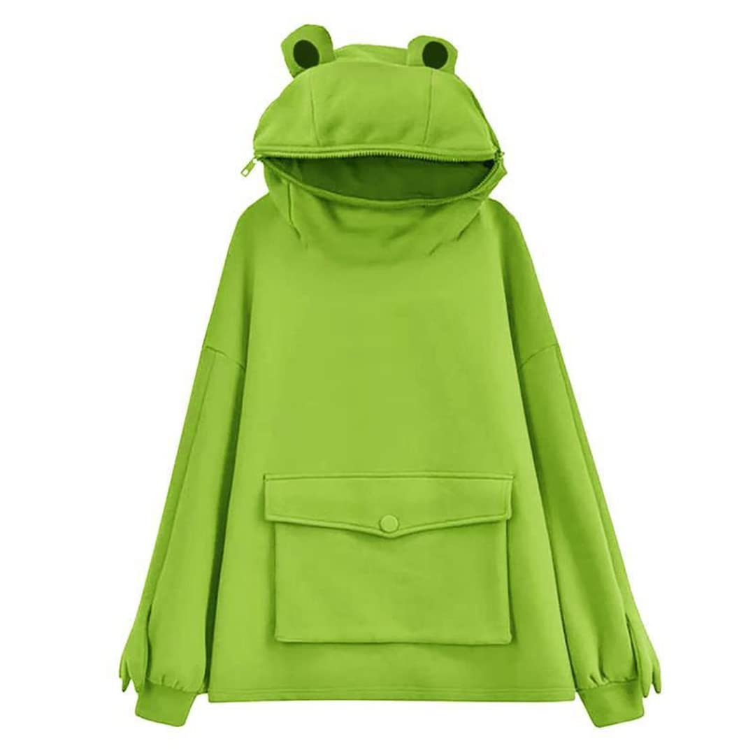 kevazingo Women's Cute Frog Sports Hoodie Fashion Zipper Mouth Hooded Sweatshirt Cosplay Costume Sweatshirt with Pockets (light green,XXL)