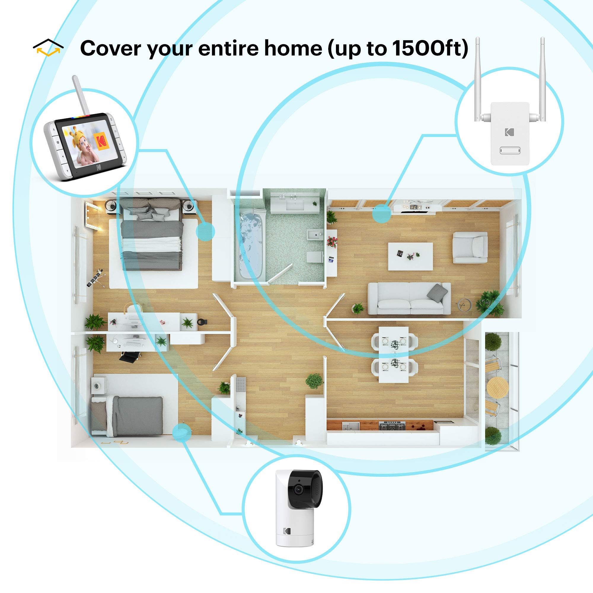 KODAK CHERISH R100 Video Baby Monitor Range Extender - Advanced Coverage (Up to 1500ft) With 10 Devices, 300mbs Wi-Fi Booster, 62/128-bit Encryption