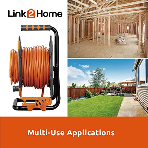 Link2Home Retractable Extension Cord Reel 75 Ft. With 4 Outlets & Heavy Duty/High Visibility 14AWG 3-Prong High SJTW Cord
