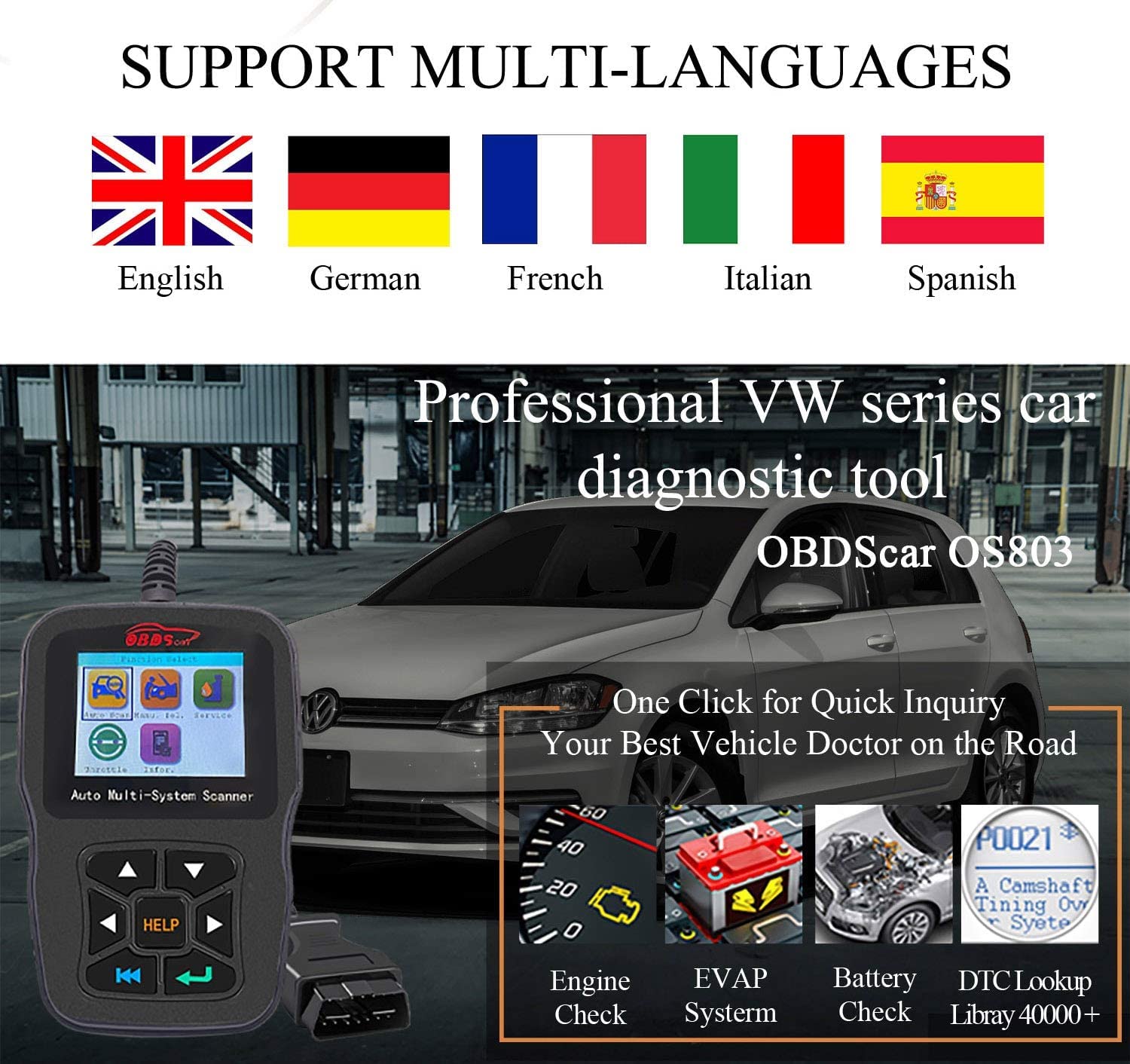 OBDS OS803 Large Screen Full System Code Scanner Reader for Volkswagen VW Audi Skoda SEAT Professional Scan Tool Support Transmission EPB ABS SRS DPF TPMS for car After 2002