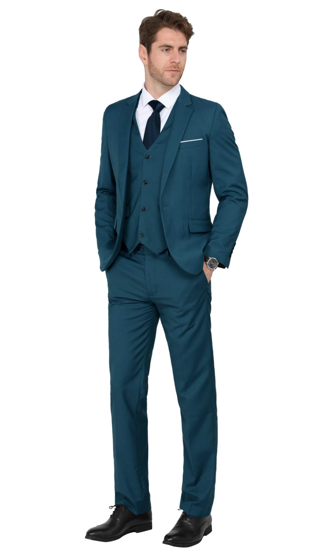 MAGE MALE Men's 3 Pieces Suit Elegant Solid One Button Slim Fit Single Breasted Party Blazer Vest Pants Set. Teal Blue