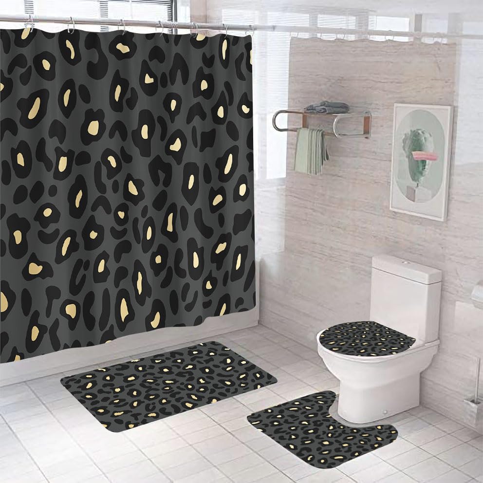 Mightree Bathroom Shower Curtains 4 PCS Sets, Waterproof Fabric Bathroom Curtain with 12 Hooks, Toilet Lid Cover and Bath Mat, Non-Slip Rug Foot Mat, Shower Curtain and Rug Set, Black, Large