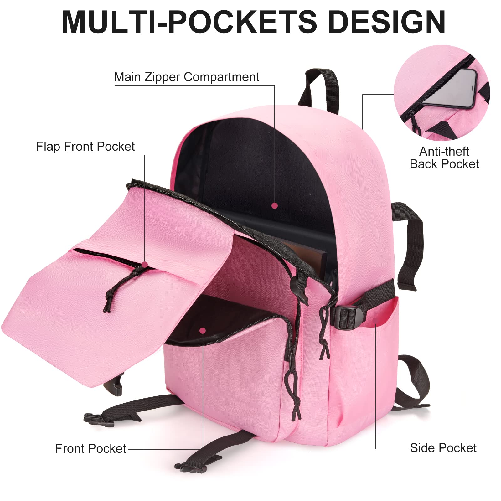 Nausear Lightweight School Backpack 12.6x5.1x17 inches Laptop Backpack for College High-School Middle-School Bookbag for Boy Girls (Pink)