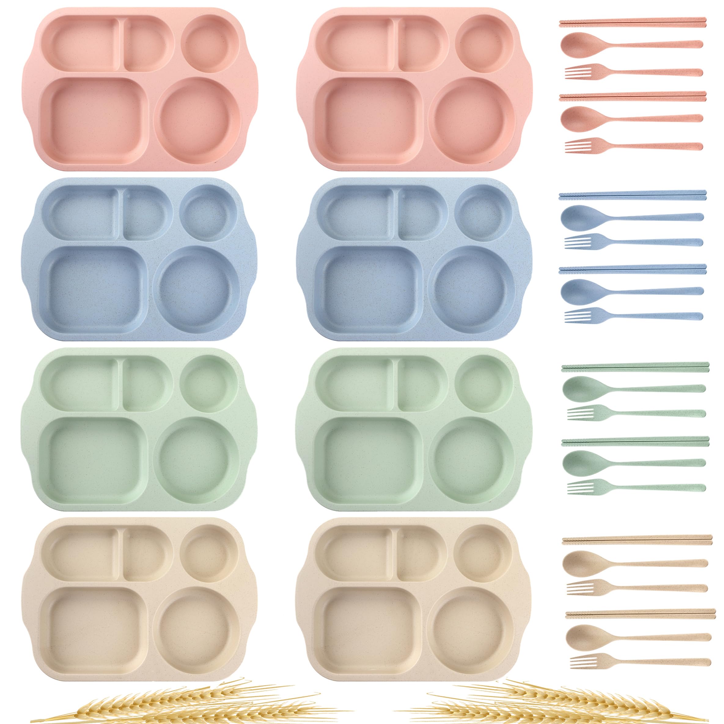 Nicunom 8 Pack Unbreakable Divided Plates, 5-Compartment Wheat Straw Tray Divided Food Plates Lunch Trays Section Plates for kids Adults, Microwave Dishwasher Safe, BPA Free, 11 Inch
