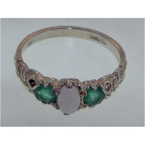 LetsBuyGold 925 Sterling Silver Real Genuine Opal and Emerald Womens Trilogy Engagement Ring - Size 6