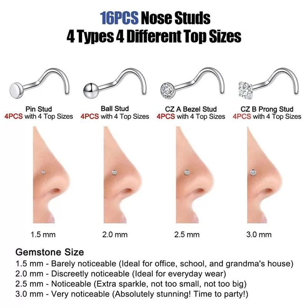 Piercingpops 24Pcs Surgical Stainless Steel Mixed Nose Stud Nose Ring Hoop Cartilage Earrings Nose Piercing Body Jewelry for Women Men Set (A:24PCS - Silver(Nose Screws Style))