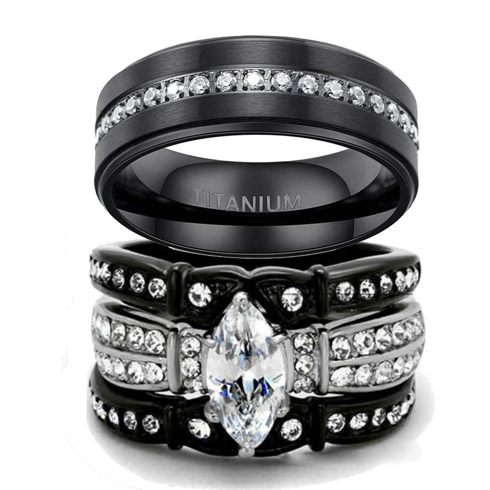 LOVERSRING His and Hers Couple Ring Bridal Set His Hers 3pc Women Black Gold Filled Cz Man Titanium Wedding Ring Band Set