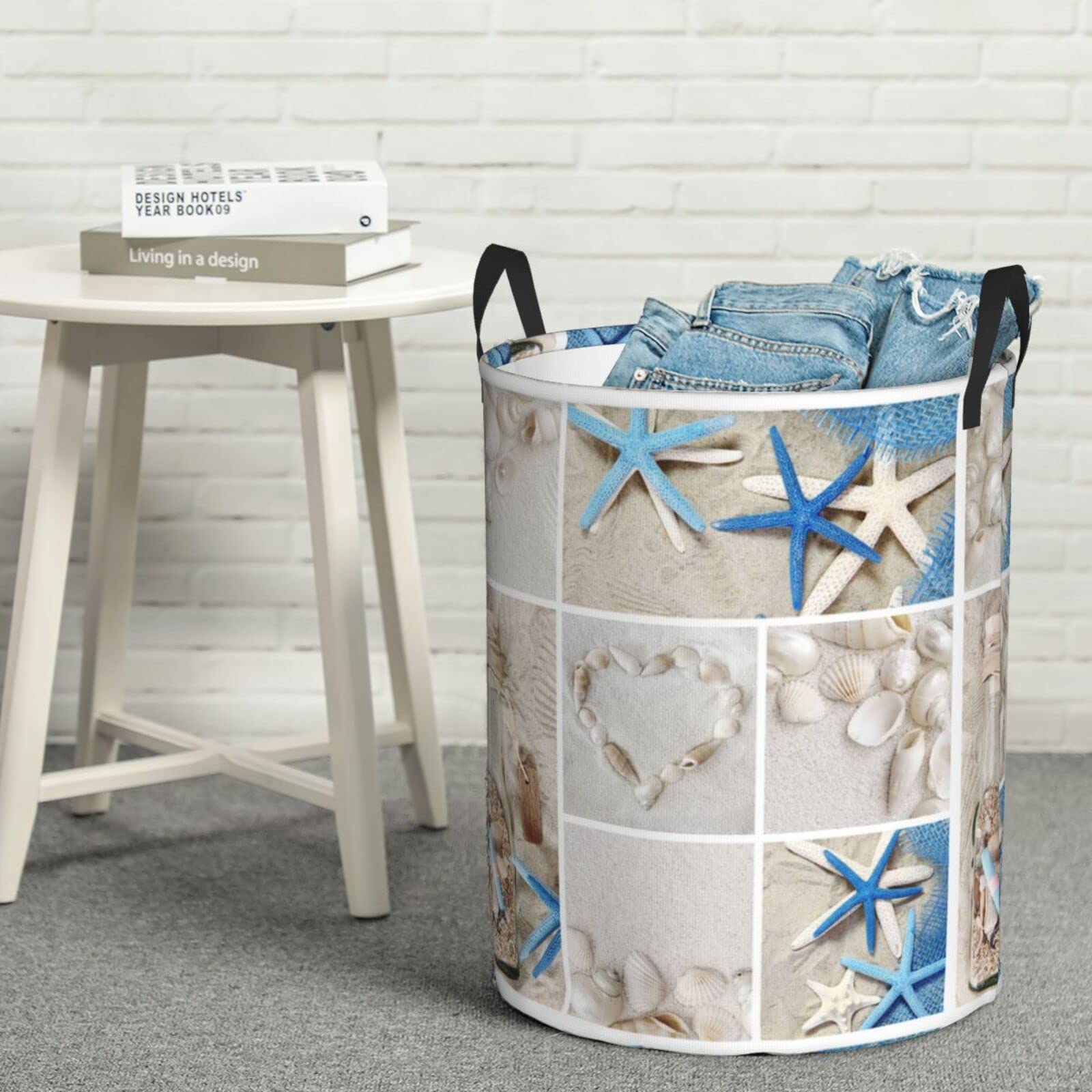 Nautical Sea World Starfish Shell Laundry Hamper With Handle Foldable Durable Laundry Basket Storage Bin Dirty Clothes Organizer Bag For Bedroom Bathroom Nursery