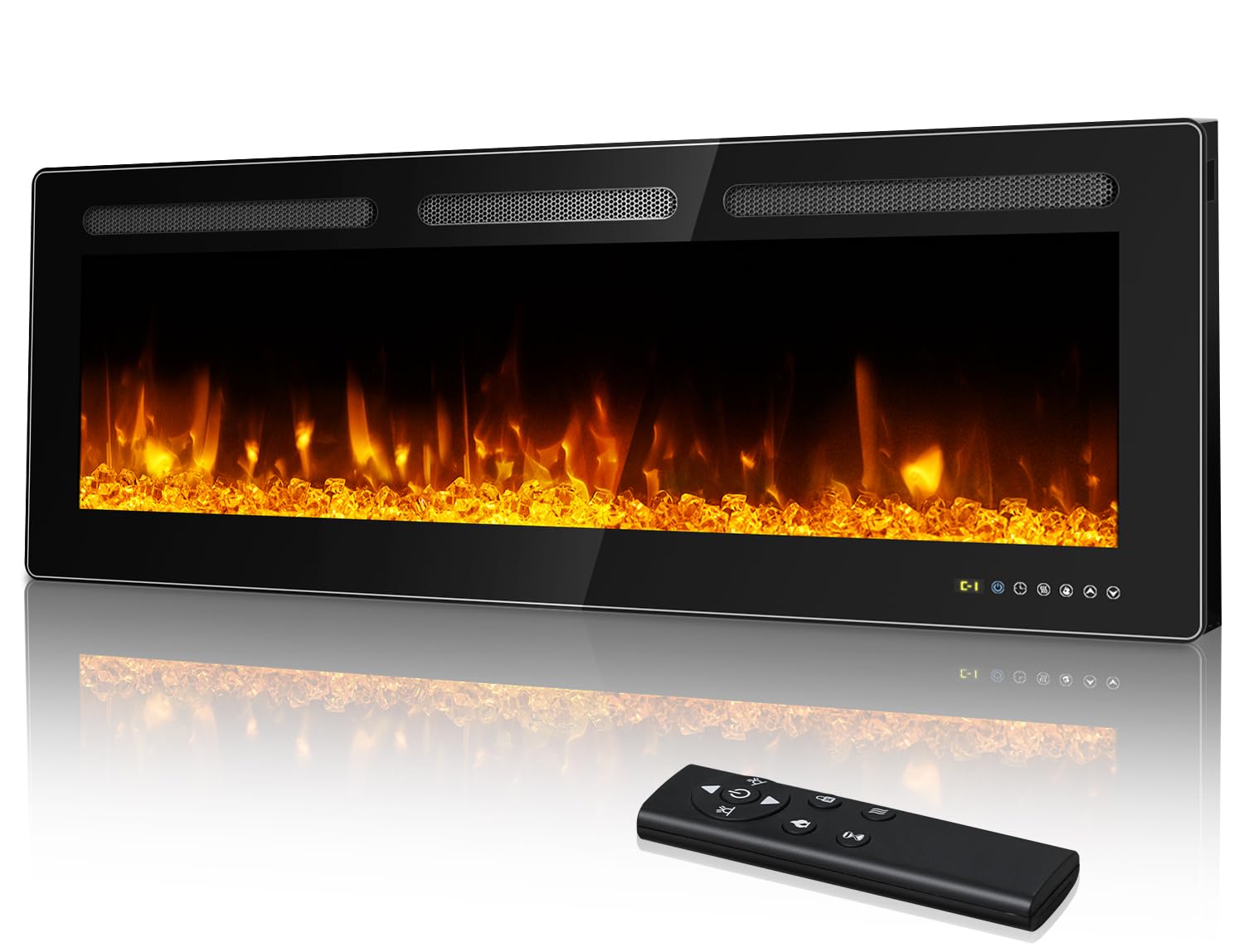 Manastin 60" Electric Fireplace Ultra-Thin Recessed Wall Mounted Fireplace Insert 750/1500W Adjustable Flame Linear Fireplace Heater with 12h Timer/Remote Control/Touch Screen/Crystal Stone