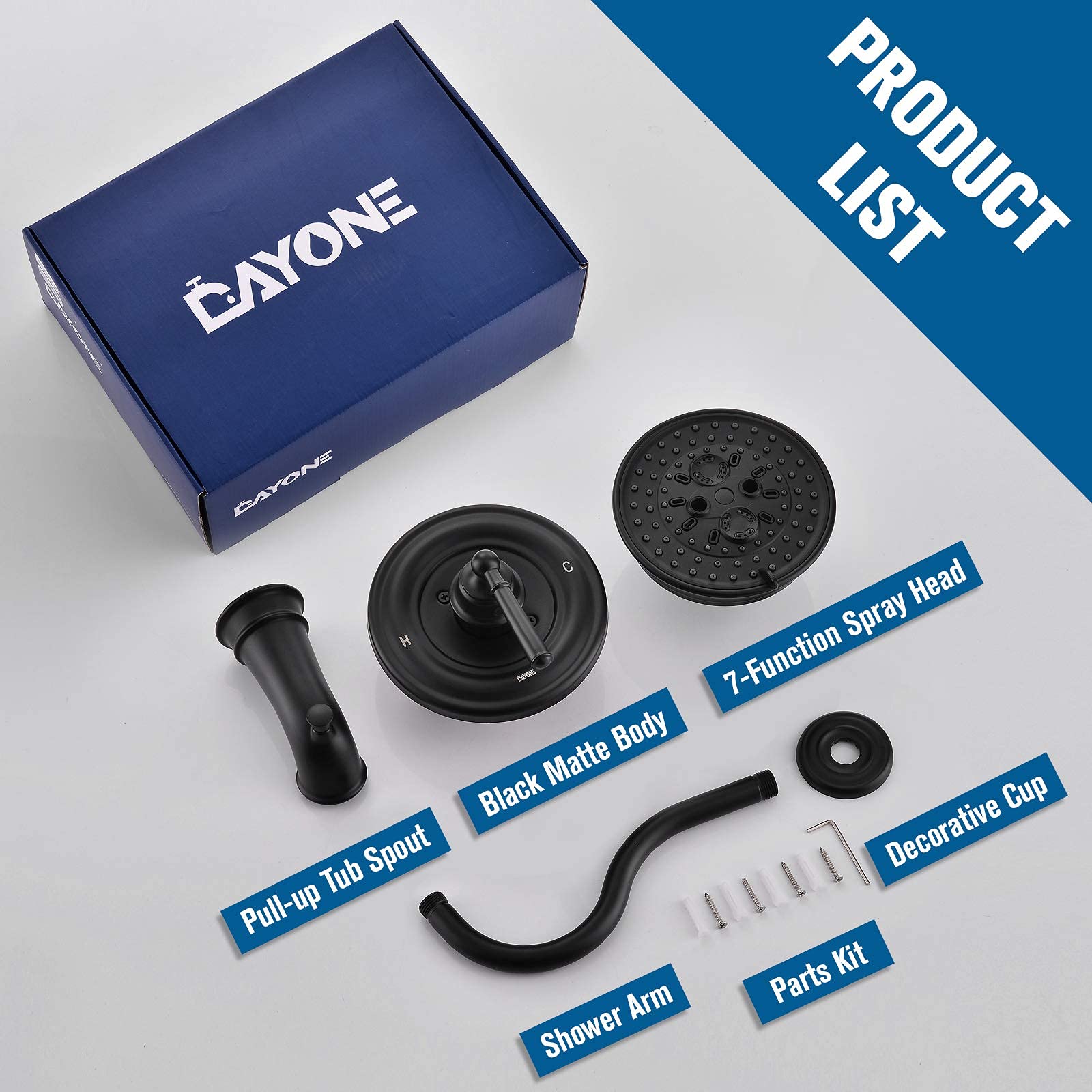 Matte Black Bathroom Shower Faucet Set Combo with Tub Spout & Valve, DAYONE Rainfall Shower System with 7-Function Spray Head High Pressure, Single Handle Bathroom Shower Trim Kit Wall Mount,DAY141MB