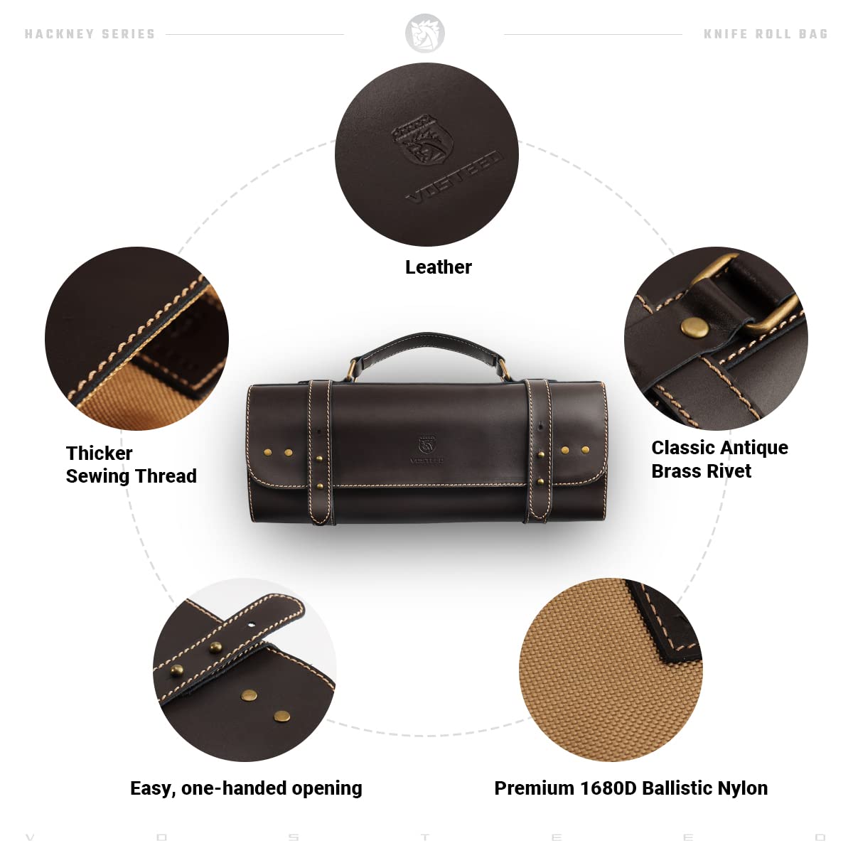 Vosteed Leather Knife Roll Bag - Chef Knife Storage Bag with 16 Slots, Lightweight Kitchen Knife Carrying Roll Case for Chefs Professional, Multi Purpose Knife Wrap Roll Holders for Kitchen Utensils
