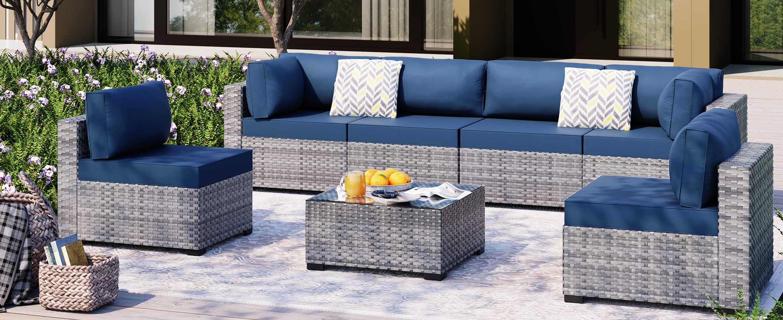 SUNLEI 7pcs Patio Conversation Sets Outdoor Furniture Sets, High Back All-Weather Rattan Sectional Sofa with Tea Table&Washable Couch Cushions(Silver Rattan) (Aegean Blue)