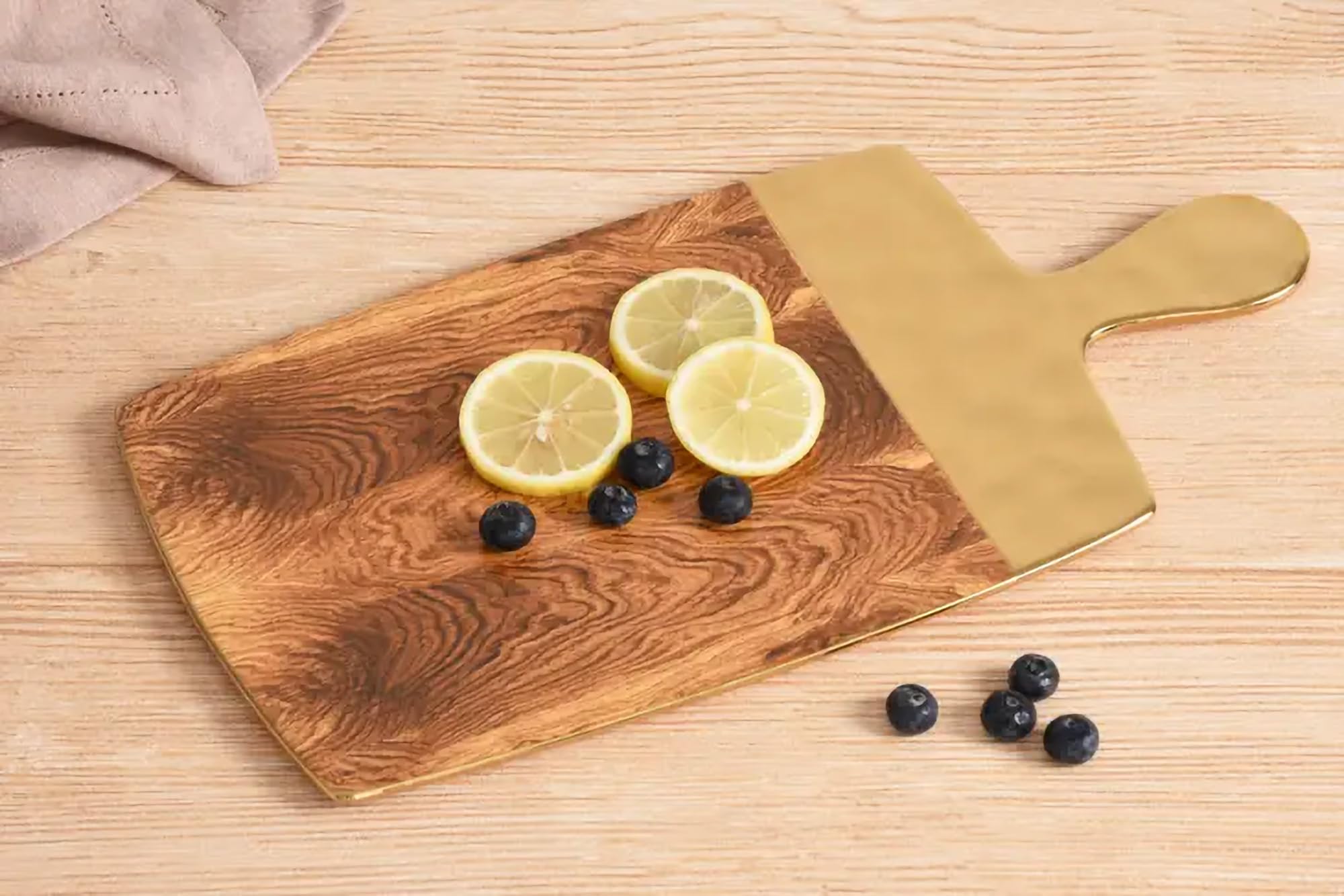 Pampa Bay Wood Look Titanium-Plated Porcelain Rectangular Serving Board, 15.5 x 8 Inch, Gold/White/Wood look
