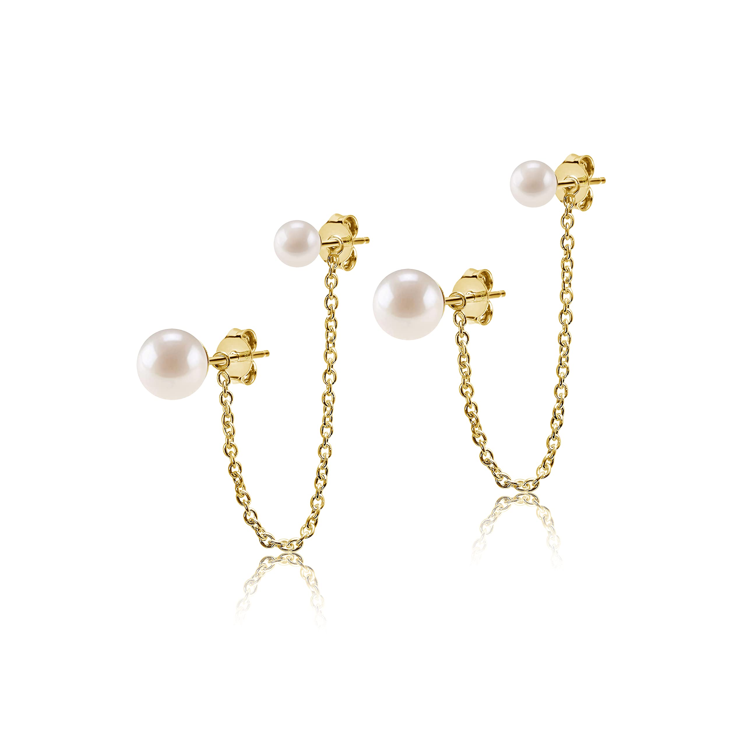 Pinari Double Piercing Pearl Earrings Set β Gold Plated Detachable Chain - 2 Pairs of Shell Pearl Studs β Sterling Silver Double Earrings for Two Holes