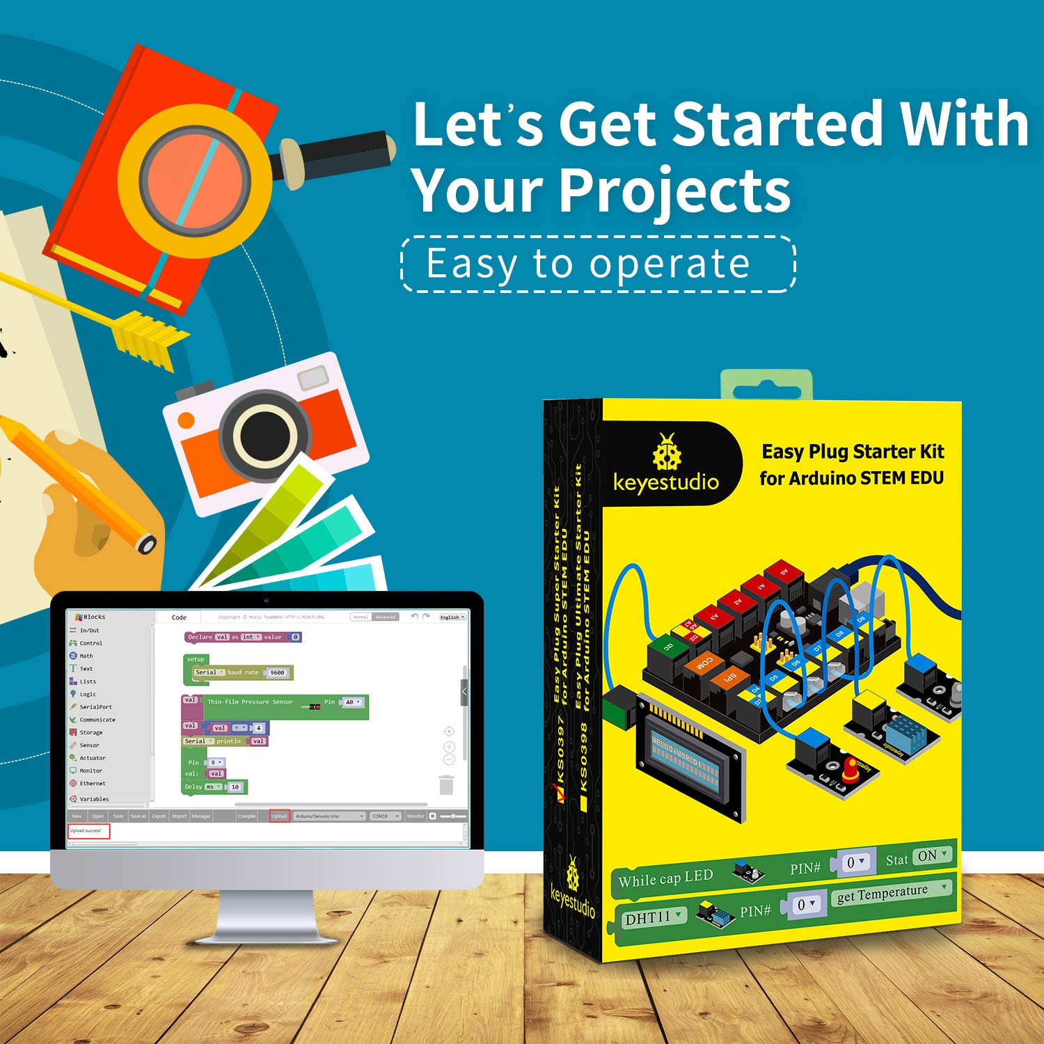 KEYESTUDIO Starter Kit for Arduino with RJ11 Connector, STEM Education Programming Learning Kit for Primary, High School and College Students, Support Arduino and Mixly Graphical Programming