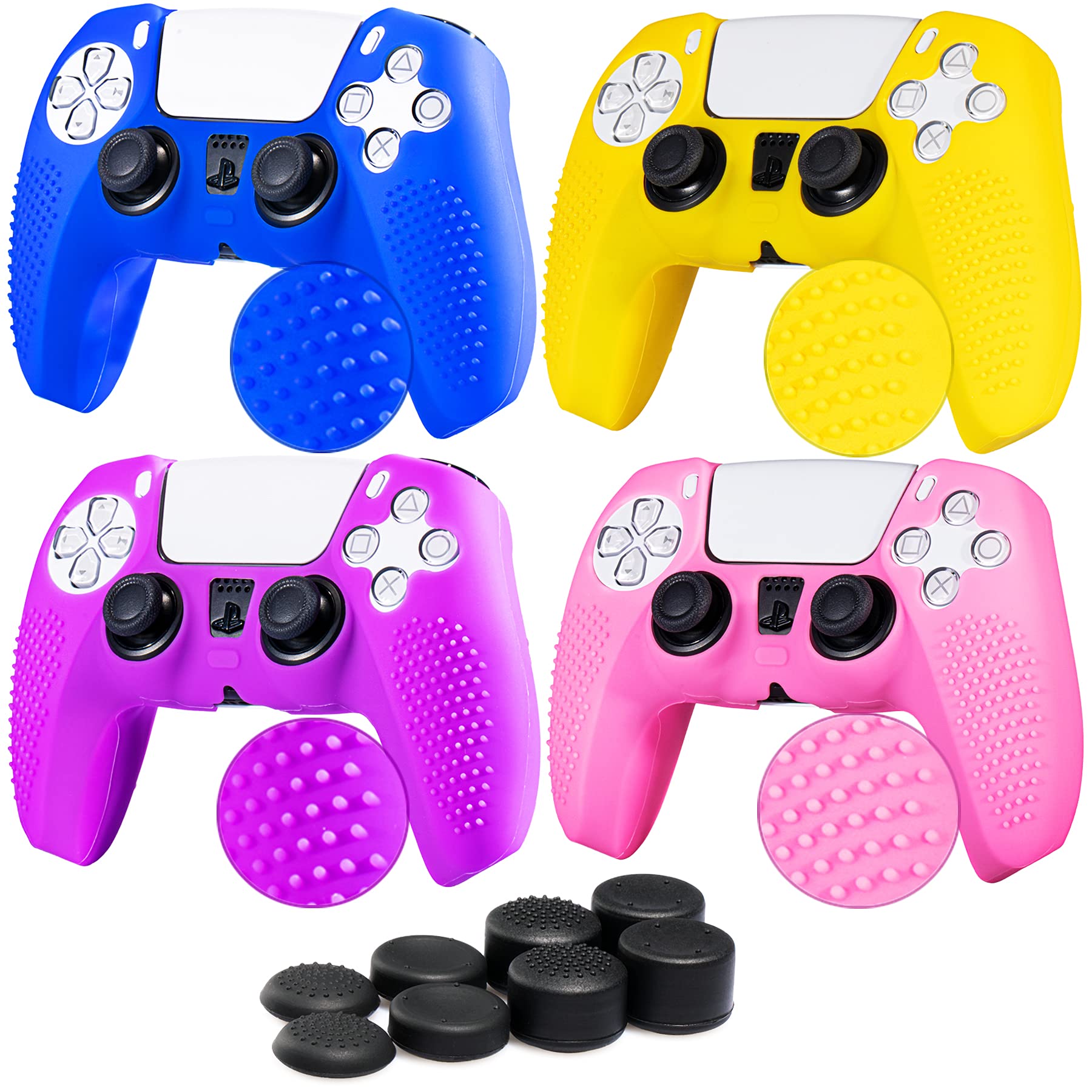 Playrealm Soft 3D Dots Silicone Skin Cover x 4 & Thumb Grips x 8 for PS5 Controller (Blue+Red+Pink+Yellow)