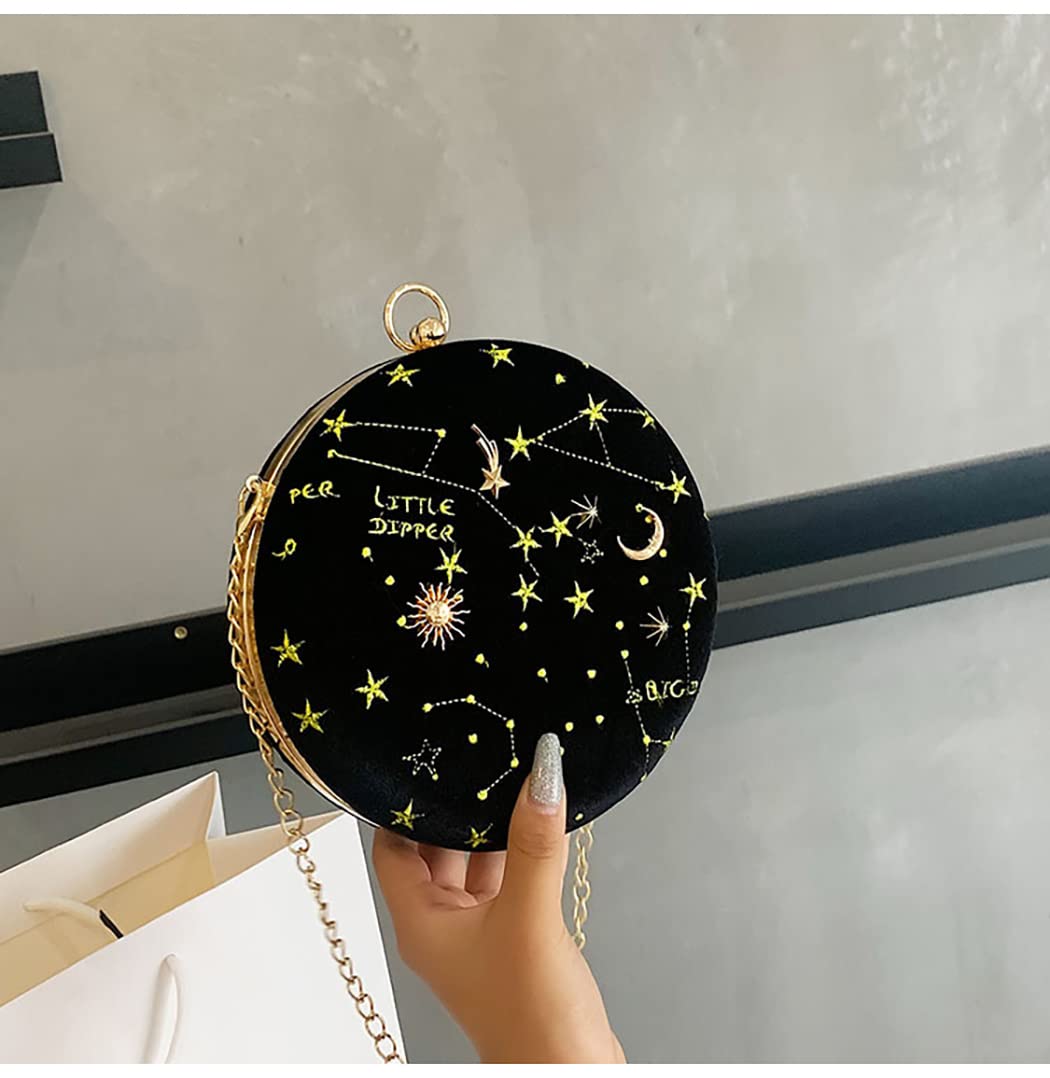 Suede Bun Bag, Embroidered Lock Bag, Sun Moon Star Cross Bag, Vintage Evening Party Bag (Black)
