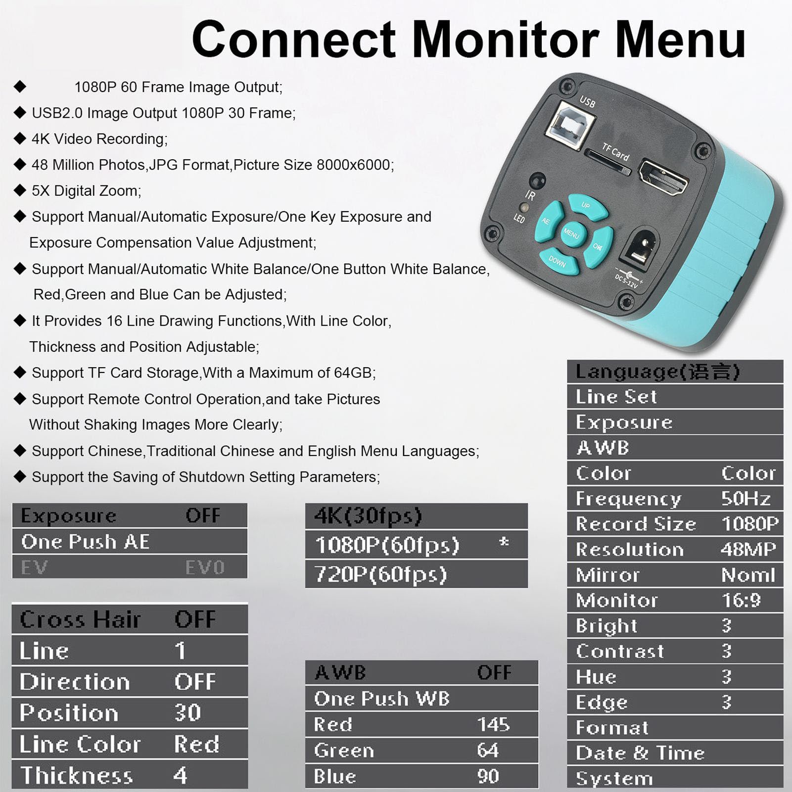 Microscope Camera, 100β240VAC Industry Camera 400-700nm USB 2.0 2MP High Definition Multimedia Interface for Industrial Use (US Plug)