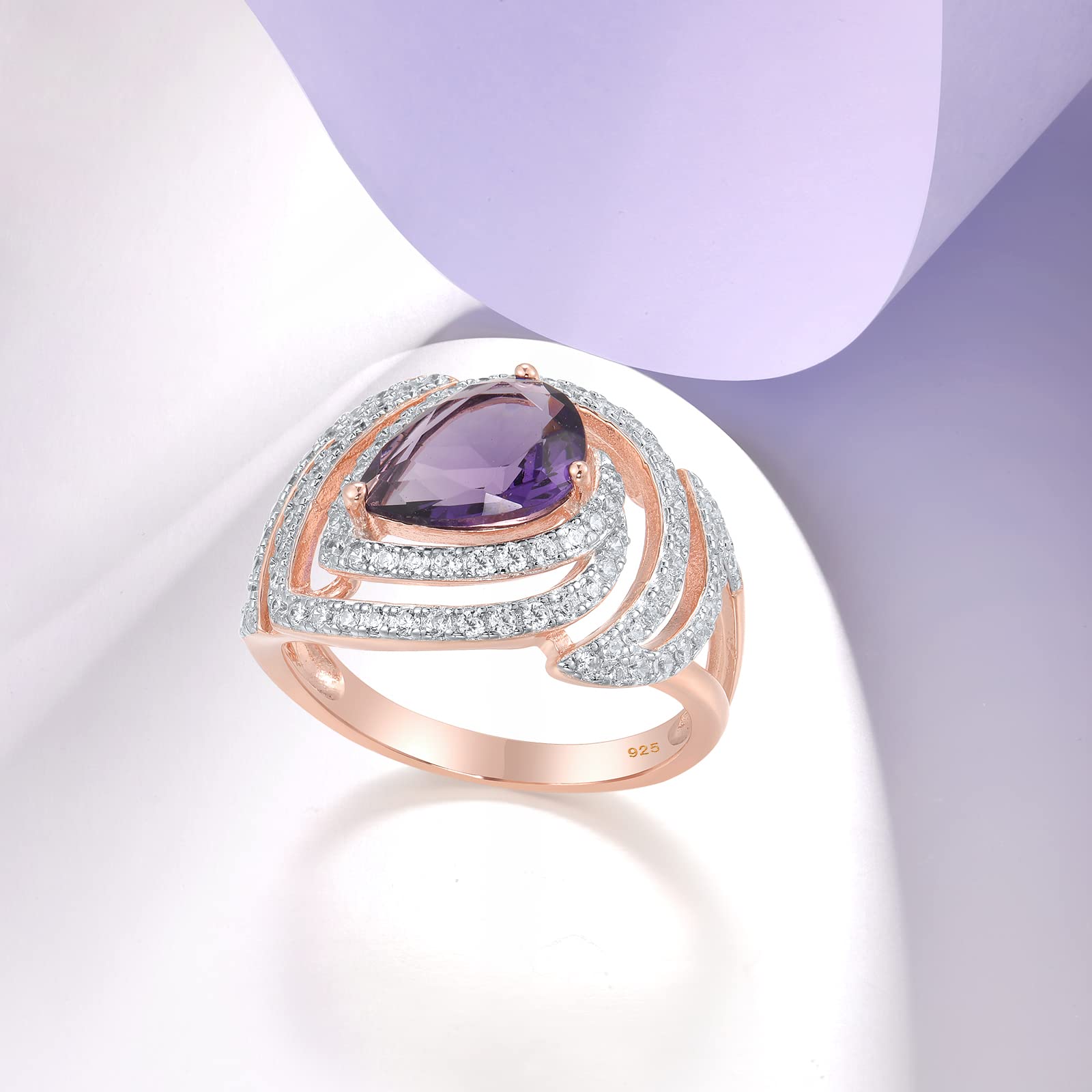 Santuzza 925 Sterling Silver Pear Shape Purple Glass Ring Cubic Zirconia 14K Rose Gold Plated Ring for Women (10)