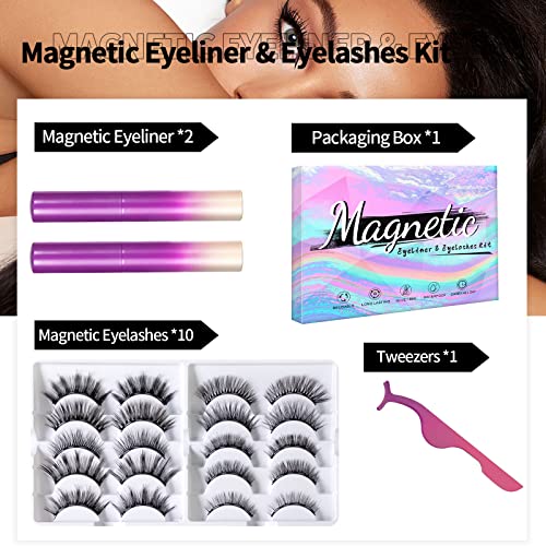 Magnetic Eyelashes with Eyeliner, 10 Pairs 3D Natural Look False Eyelashes, Magnetic Eyelashes and Eyeliner Kit, Reusable Magnetic Lashes with Eyeliner and Tweezers, No Glue