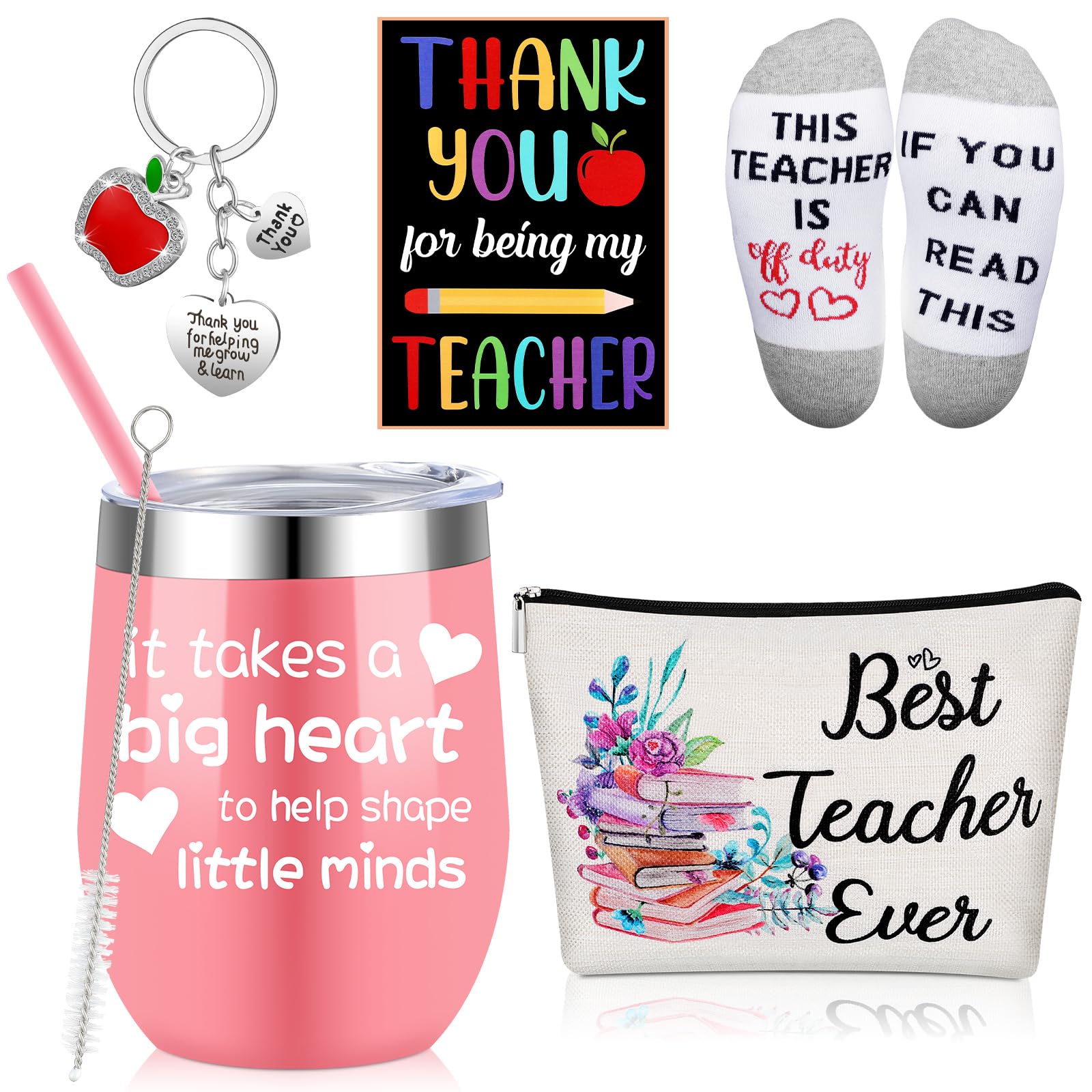 Newtay Teacher Appreciation Gifts Thank You Teacher Gifts Basket,12 oz Wine Tumbler Best Teacher Makeup Pouch Bag Keychains Teacher Socks for Teacher Appreciation Supplies (Big Heart)