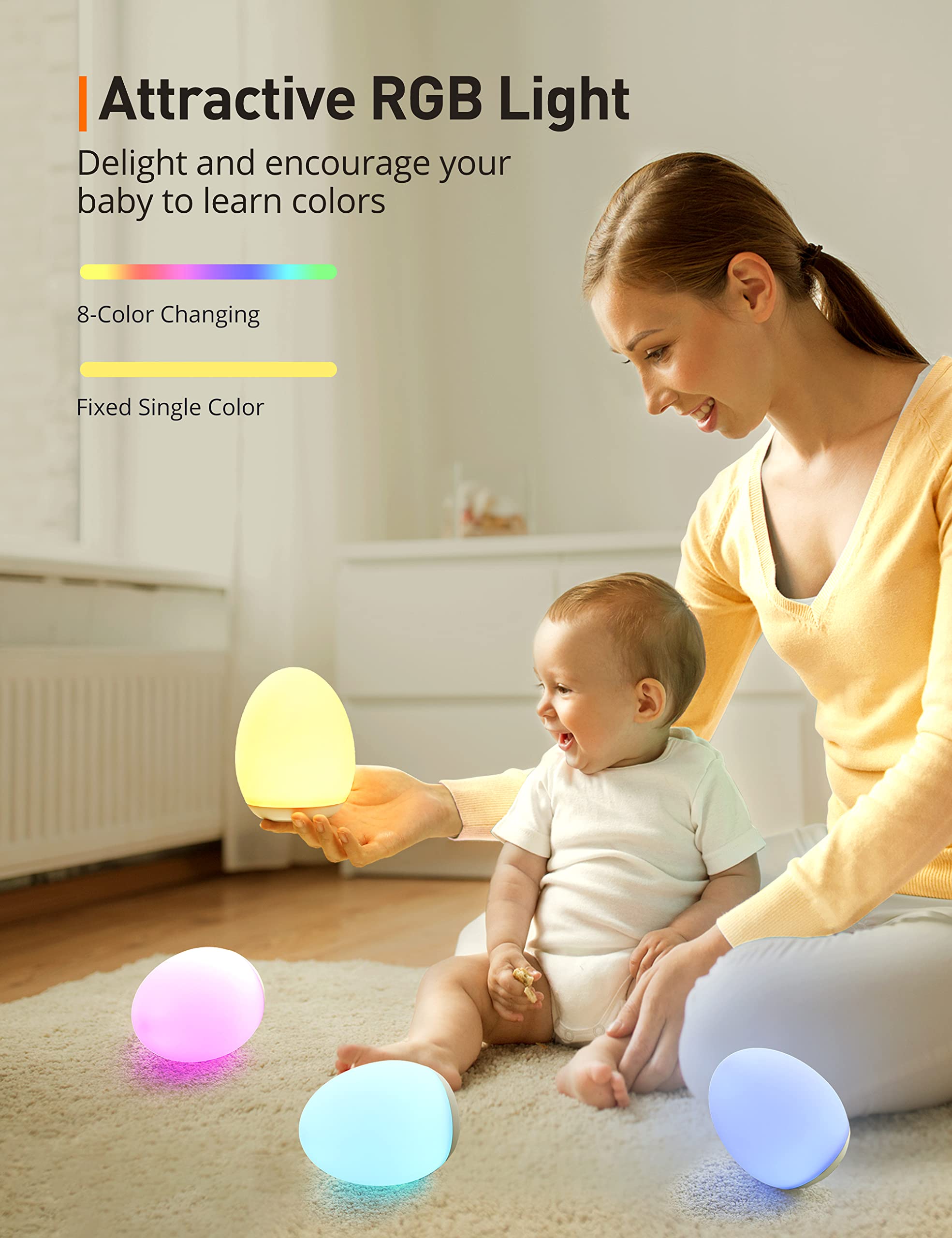 sympa Night Lights for Kids, 8 RGB Color Dimmable Night Light, Rechargeable Baby Egg Night Light with 1 Hour Timer & Touch Control, Portable Nursery Light for Breastfeeding, Up to 100H