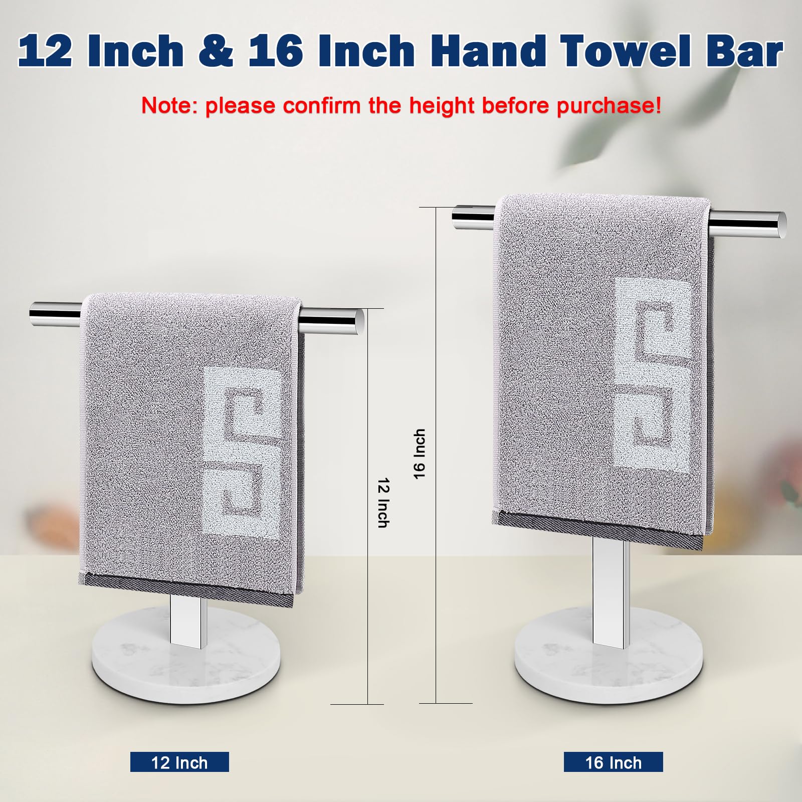NearMoon T-Shape Hand Towel Holder-Bathroom Towel Rack-Stand with Balanced Base Towel Bar for Bathroom Kitchen Vanity Countertop, Modern Stand Towel Ring with Marble Base (16 Inch, Chrome)