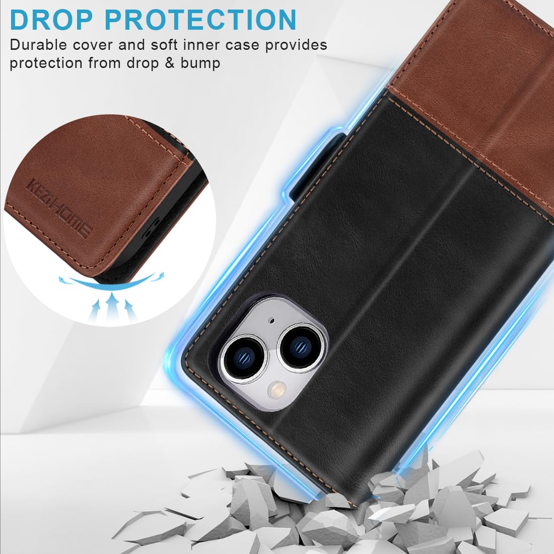KEZiHOME iPhone 15 Pro Max Wallet Case, Genuine Leather [RFID Blocking] iPhone 15 Pro Max Case Card Slot Magnetic Stand Phone Cover Flip Case Compatible with iPhone 15 Pro Max 5G (Gray/Brown)