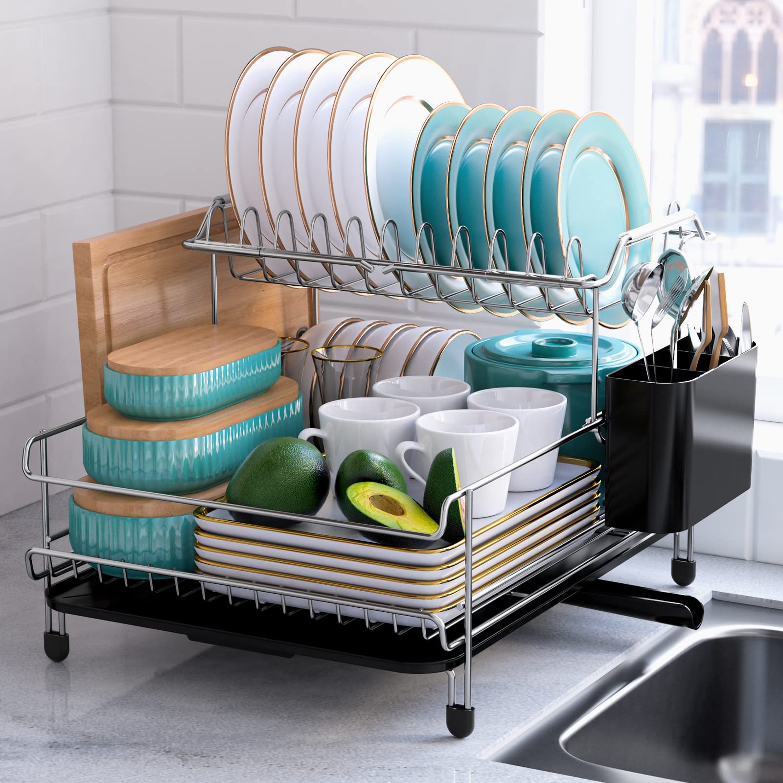 Kitsure Dish Drying Rack - Large-Capacity Dish Rack for Kitchen Counter, Rust-Proof Dish Drainer, 2-Tier Kitchen Dish Drying Rack for Dishes, Knives, Spoons, and Forks,Silver6