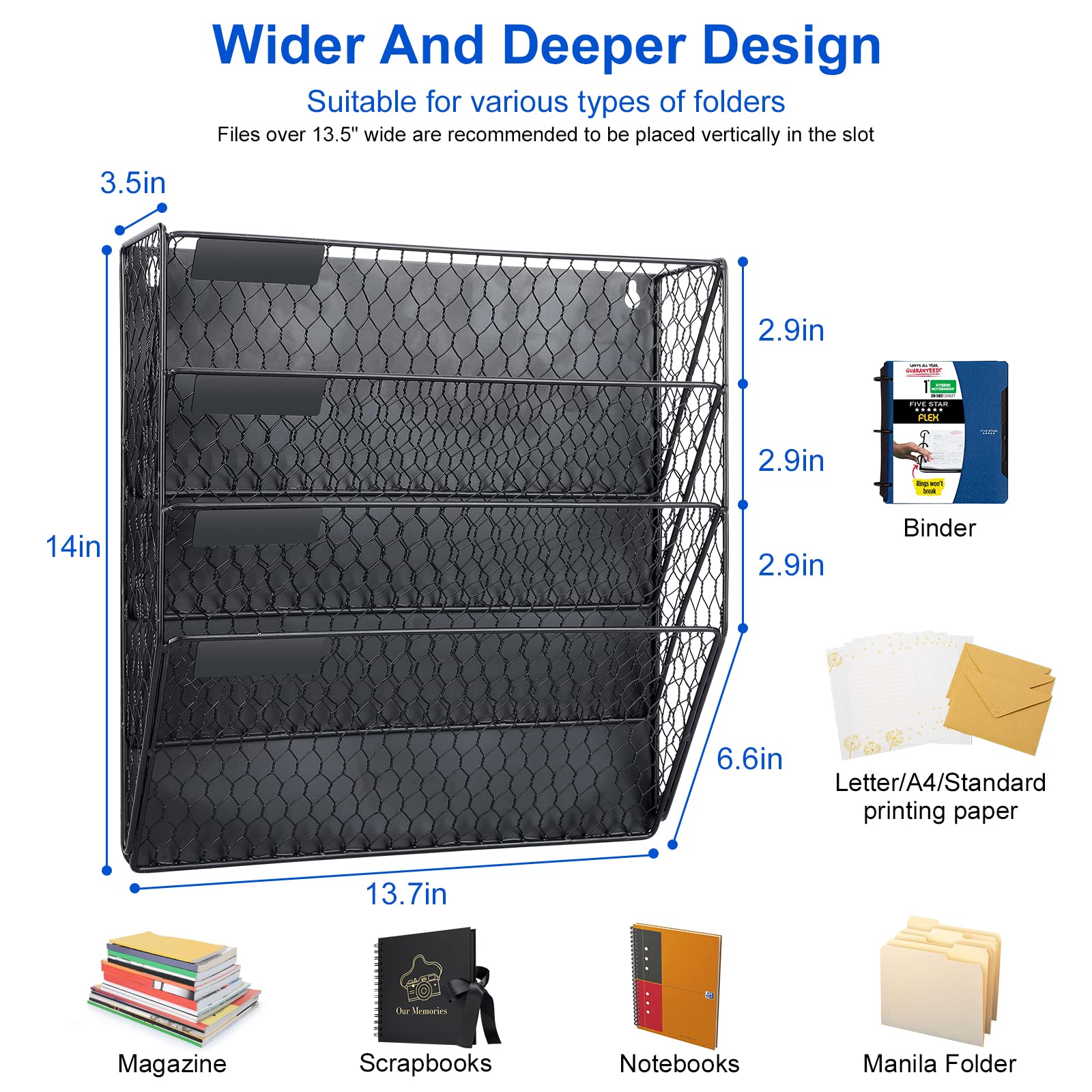 Magnetic File Holder for File Cabinets 4-Tier Strongest Magnetic File Folder Holds 26Lbs (12kg) Magnetic File Organizer 13.7" Wider Mesh Magnetic File Mail Organizer For Refrigerator Whiteboard(Black)