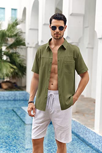 Makkrom Men's Casual Linen Button Down Shirt Guayabera Short Sleeve Summer Beach Shirt Army Green