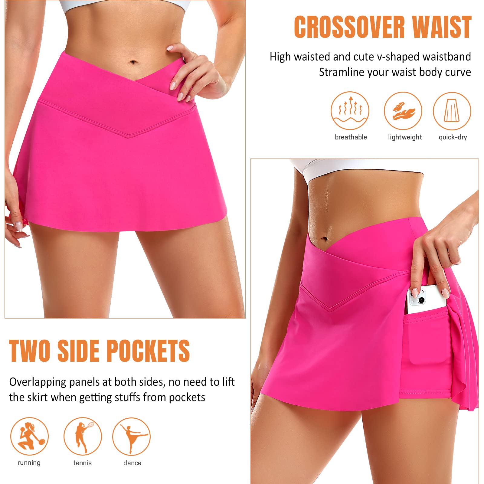 Pleated Tennis Skirts for Women High Waisted Crossover Skirt Athletic Golf Skort with Pockets (White,S)