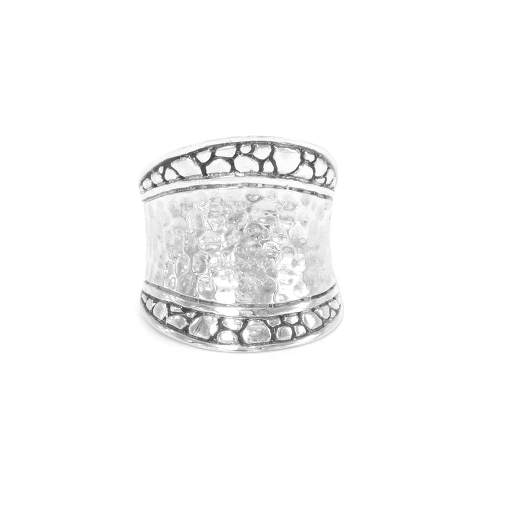SARDA - .925 Sterling Silver 7/8" Hammered Finish & Watermark Mosaic Wide Concave Tapered Statement Ring - Handmade by Bali Artisans - Size 6